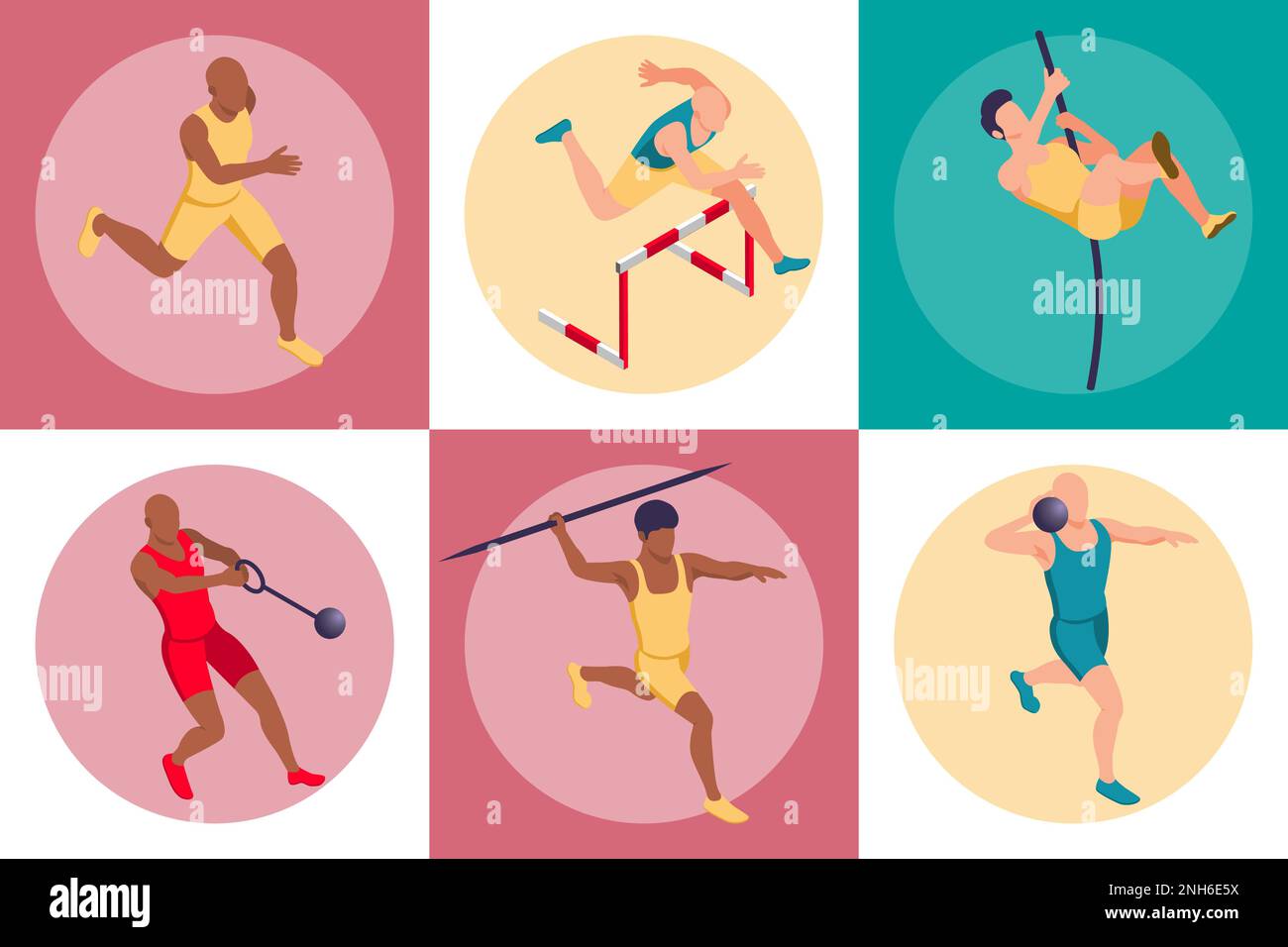 Set with isolated round compositions with human characters of sportsmen ...