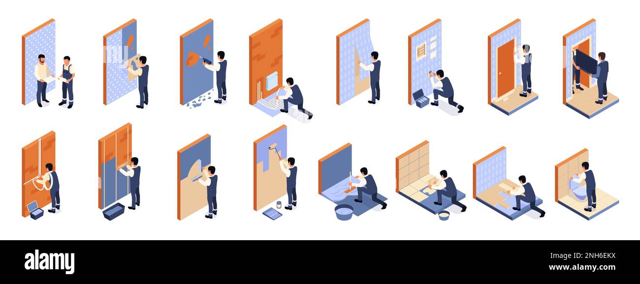 Home repair isometric icons set of installation of heating floor and ...