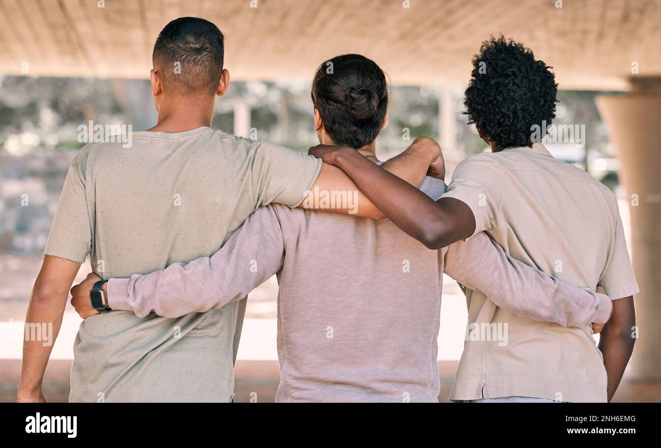 Back, men and friends hug, fitness and bonding after training, workout ...
