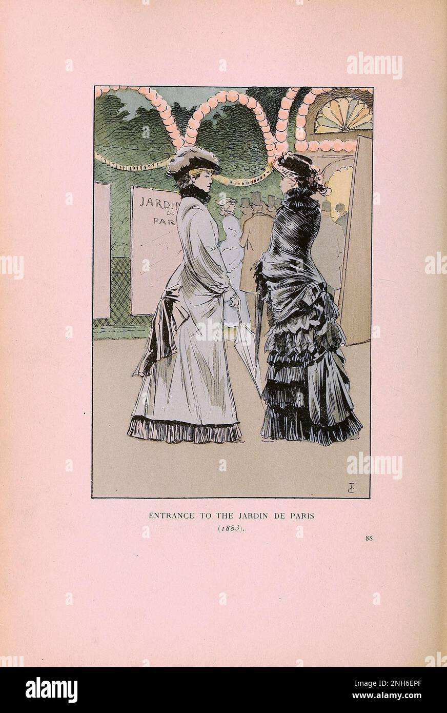 Vintage fashion in Paris. Entrance to the Jarding de Paris, 1883. The ...