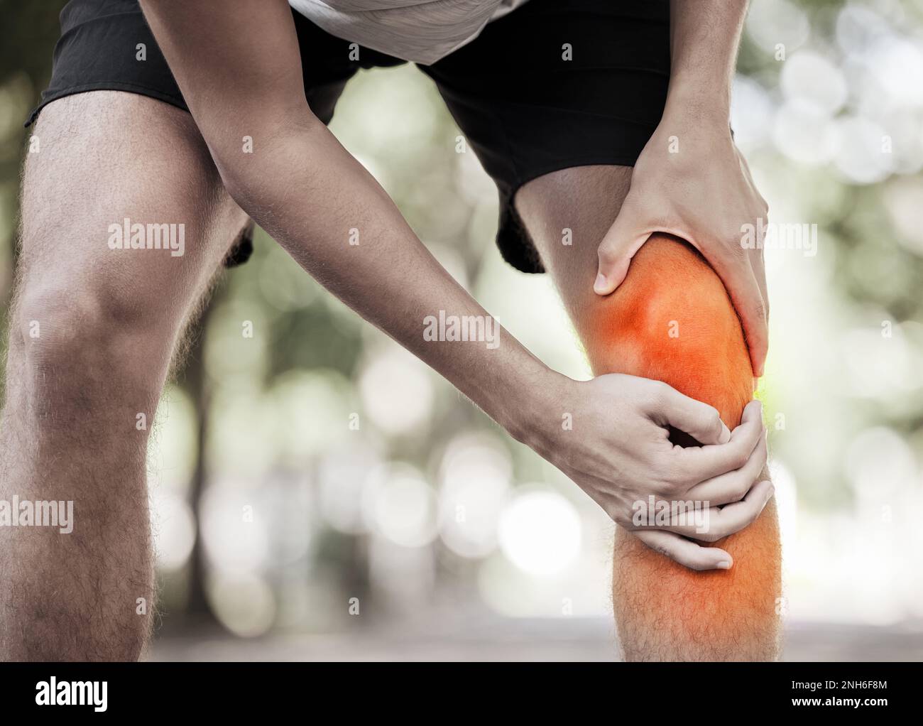 Legs injury, hands and knee pain at park after training, workout or ...