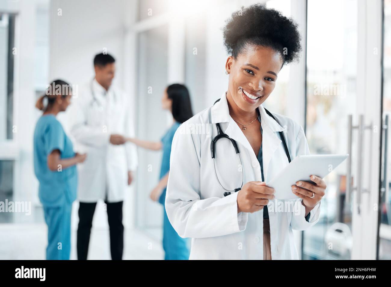 Research, portrait and black woman with tablet for healthcare, medicine ...