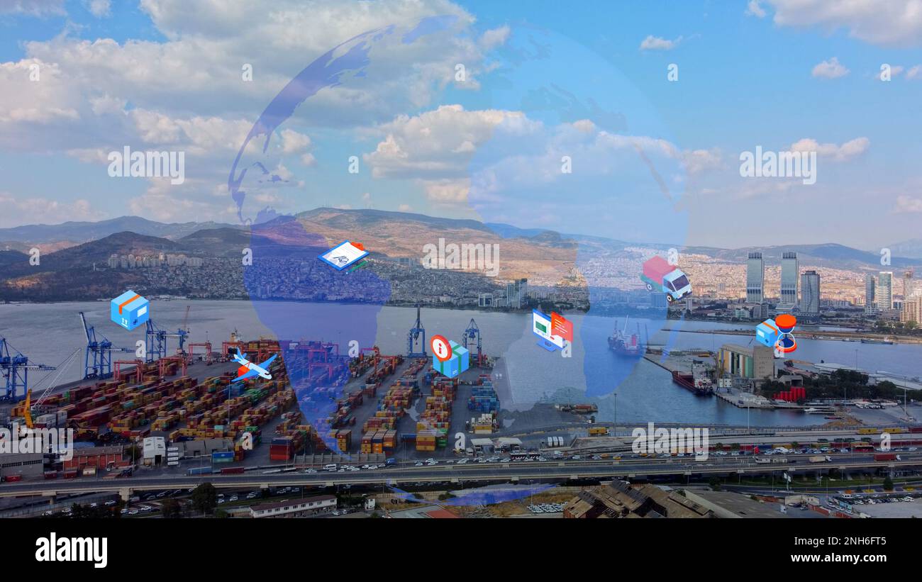 Logistic business or transport concept Aerial view over import export ...