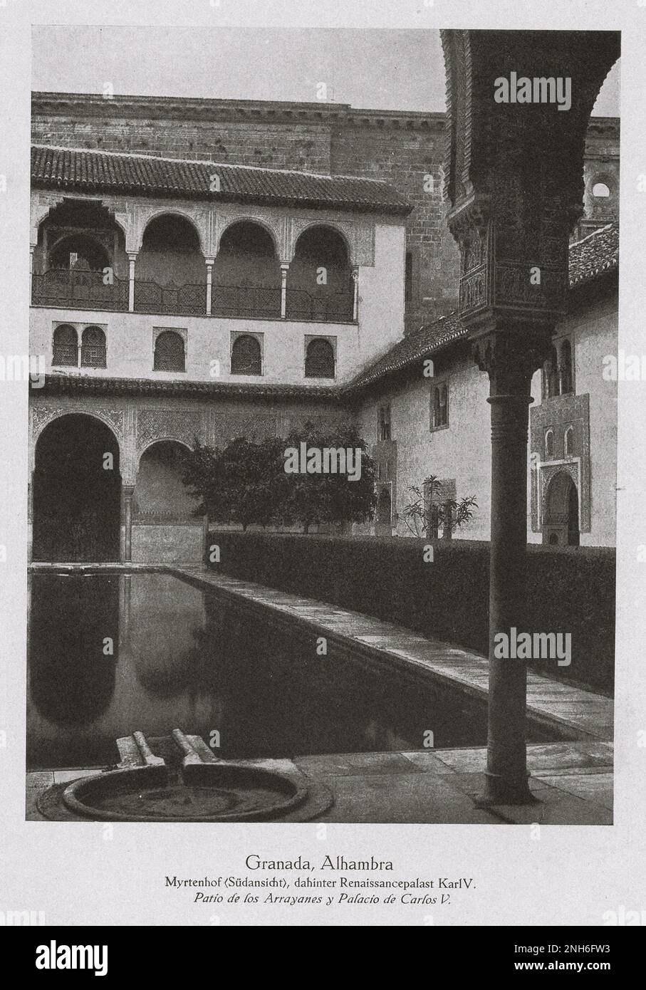 Architecture of Old Spain. Court of the Myrtles (south view), behind ...