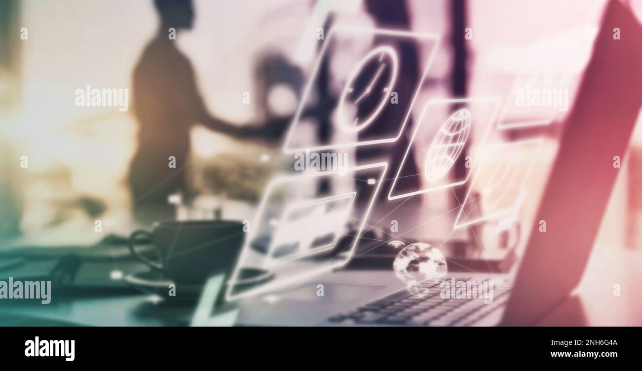 Computer app overlay, dashboard and laptop data graphic in office with ...