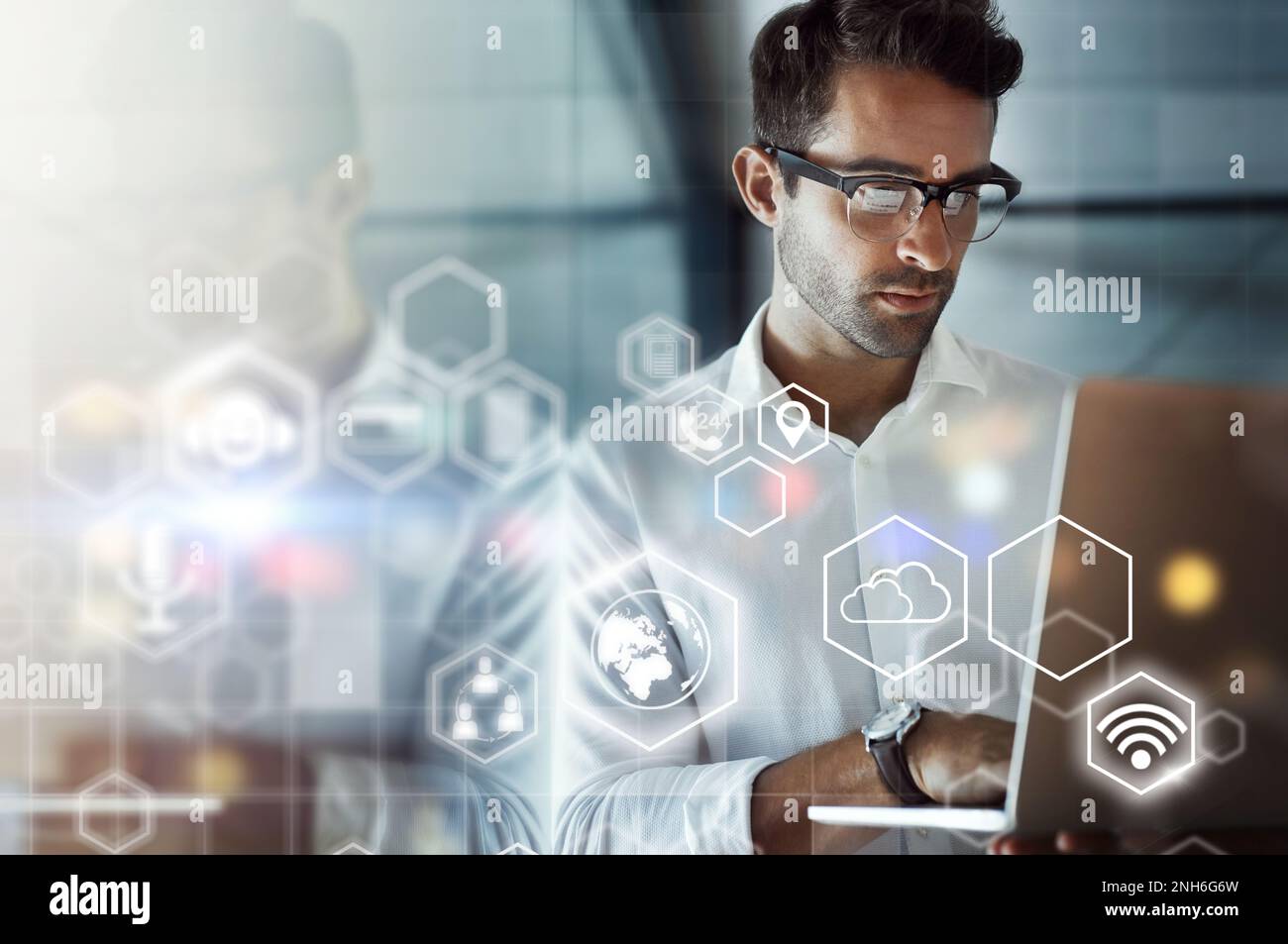 Business man, global network and hologram with laptop and digital ...