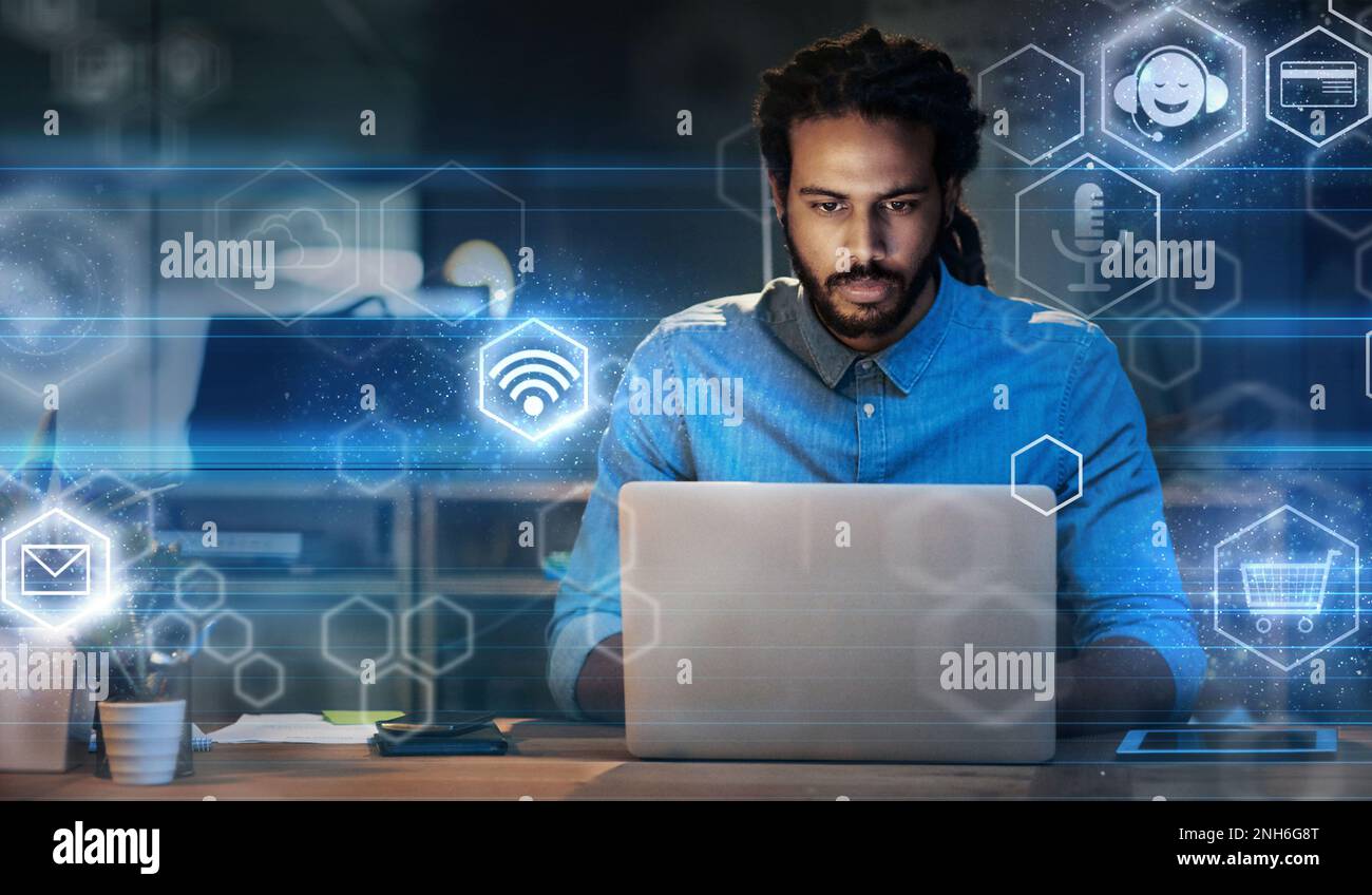 Black man in business, app icons with laptop and digital transformation ...