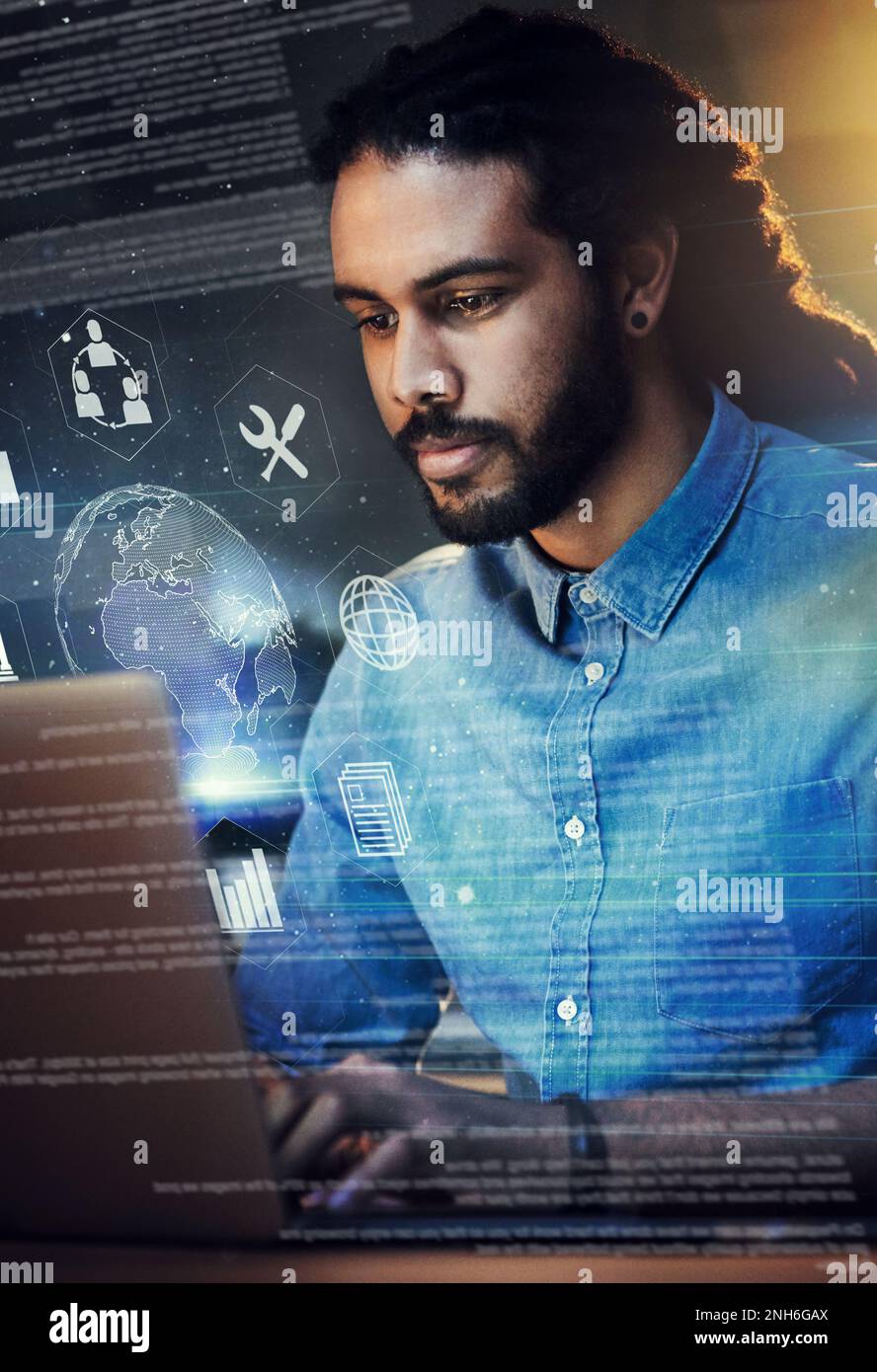 Black man, coding and global network with icons, laptop and app with digital transformation and ...