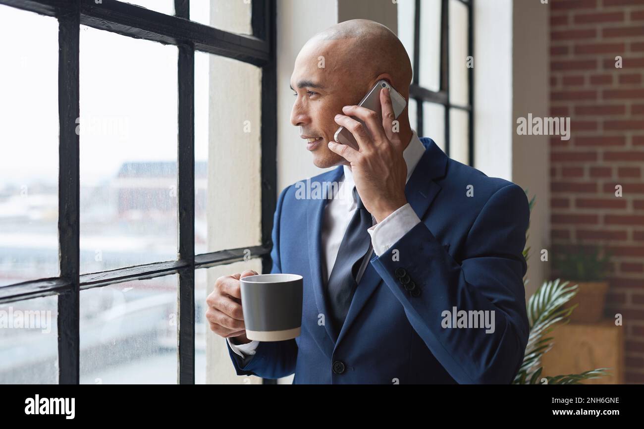 Business man with phone call, coffee and communication in office, CEO ...