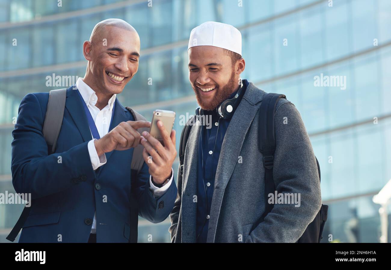 Business, smartphone and men in city, conversation and online reading ...