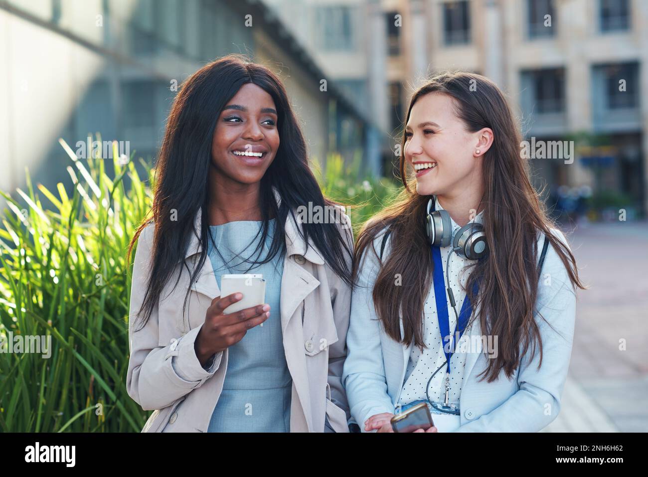 Phone, friends and business women in city laughing at funny meme on ...