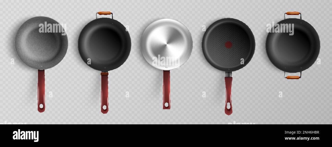 Realistic set of non stick frying pans with handles isolated on ...