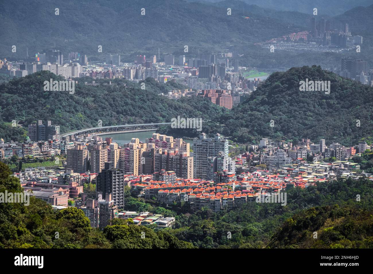 Aerial panorama of overpopulated suburban area around Neihu district ...