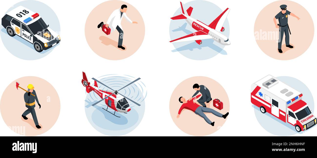 Isometric emergency services set of circle shaped compositions with ...