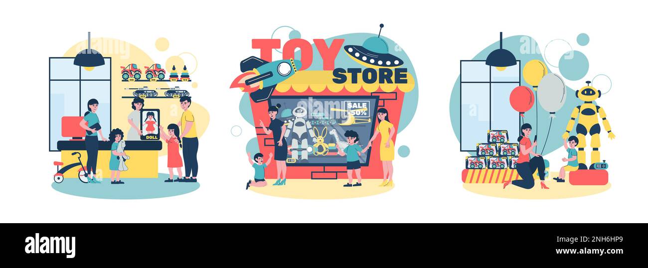 Toy store flat set with three isolated compositions of people near ...