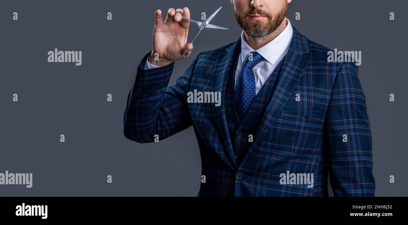 barber man with scissors on banner. man with scissors in barber studio ...