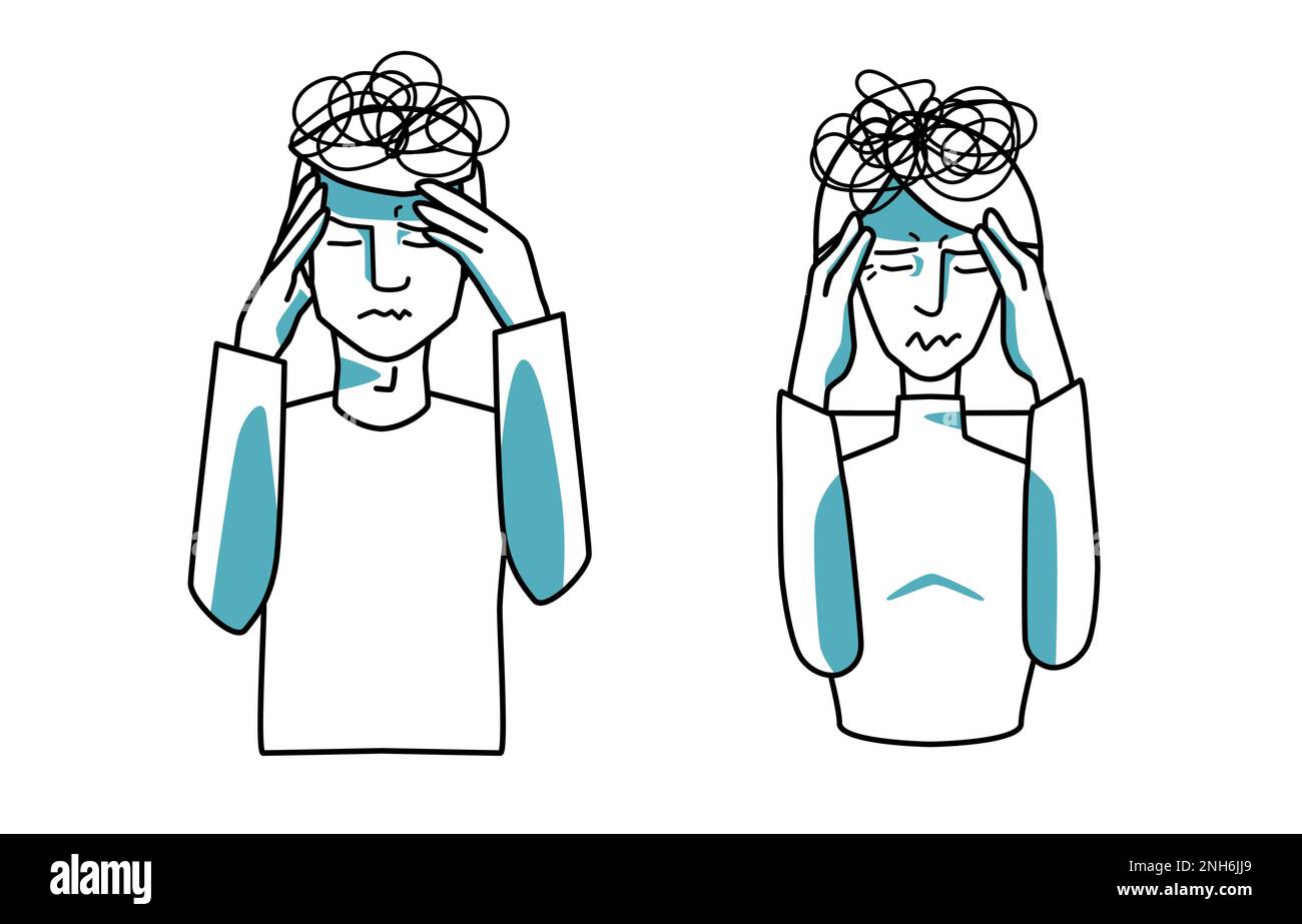 Stressed man and woman, holding hands on a head, closed eyes. Stress ...