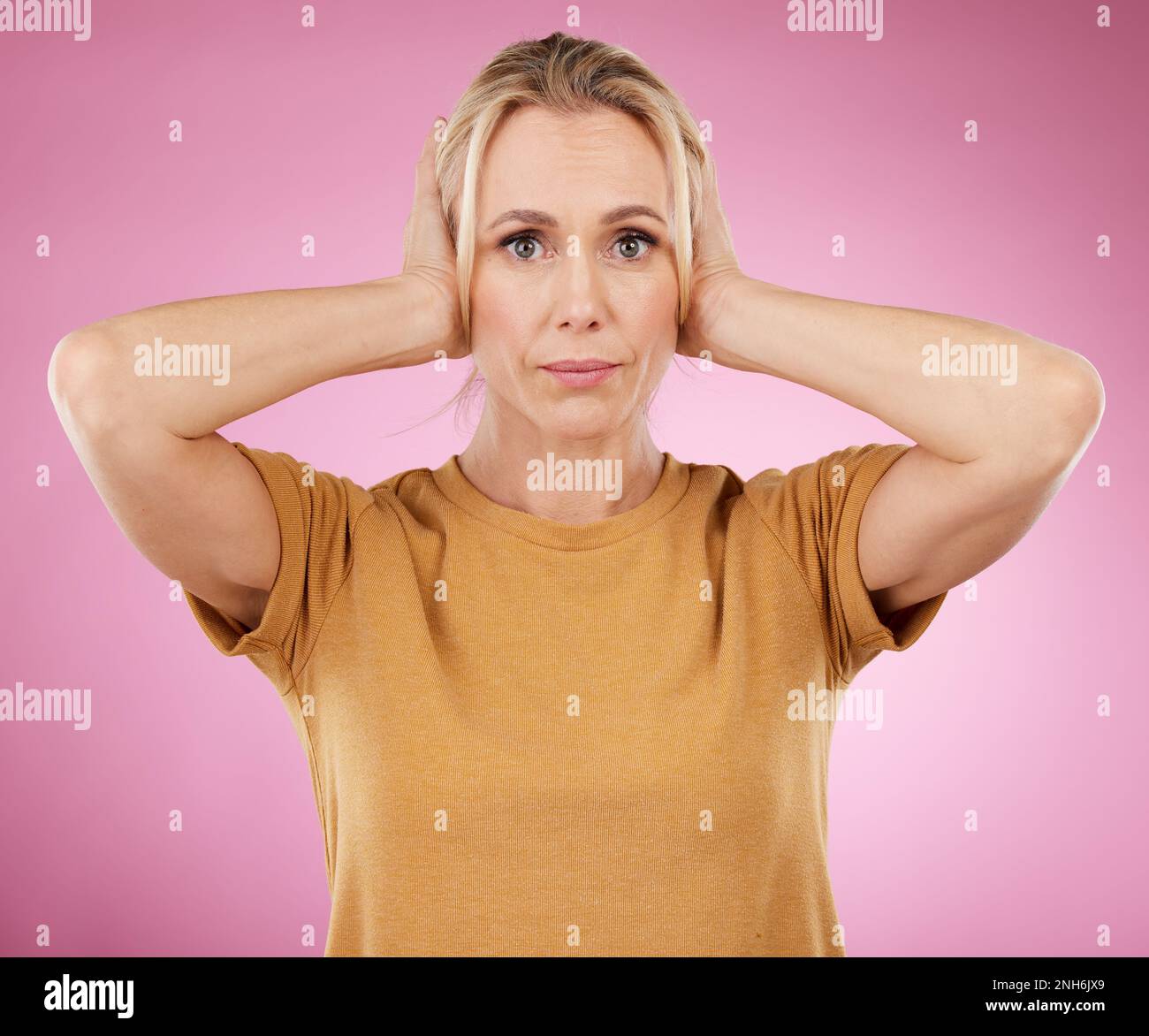 Stress, loud and portrait of a woman with a problem isolated on a pink ...
