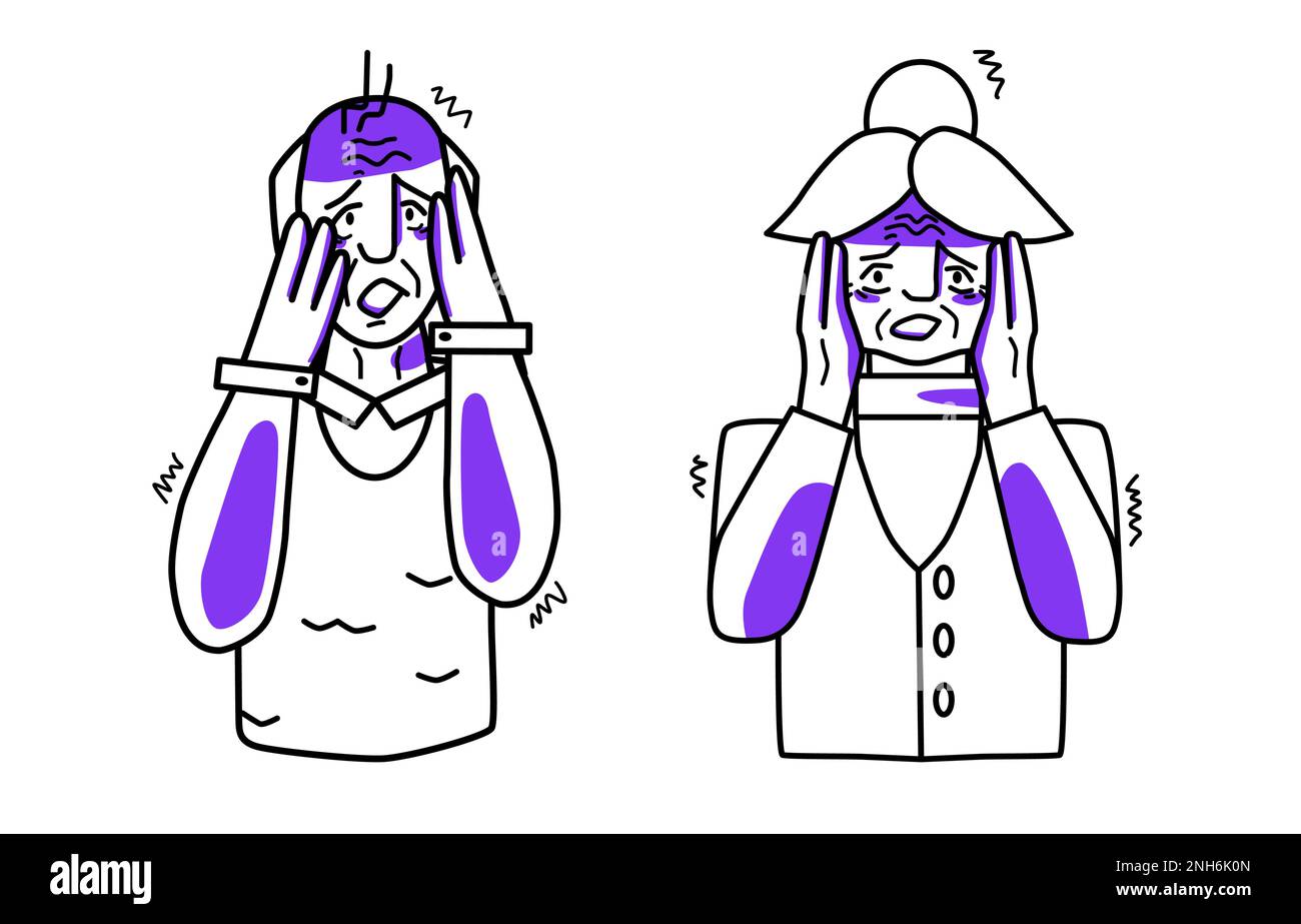 Afraid grandmother and grandfather, emotion of fear, cover their face ...