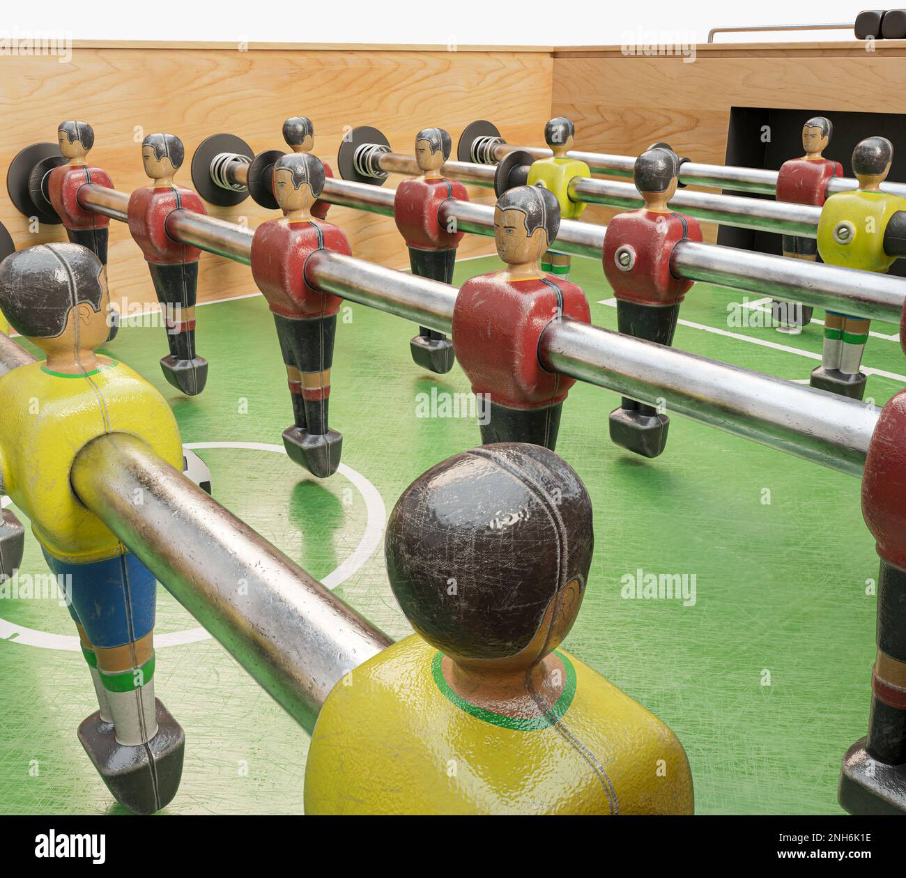 A vintage wooden foosball table with detailed metal player figurines in ...