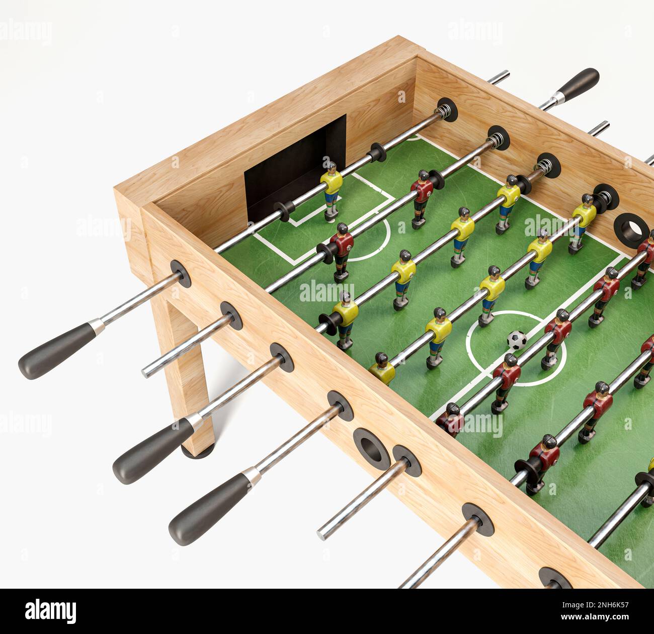 A vintage wooden foosball table with detailed metal player figurines in ...