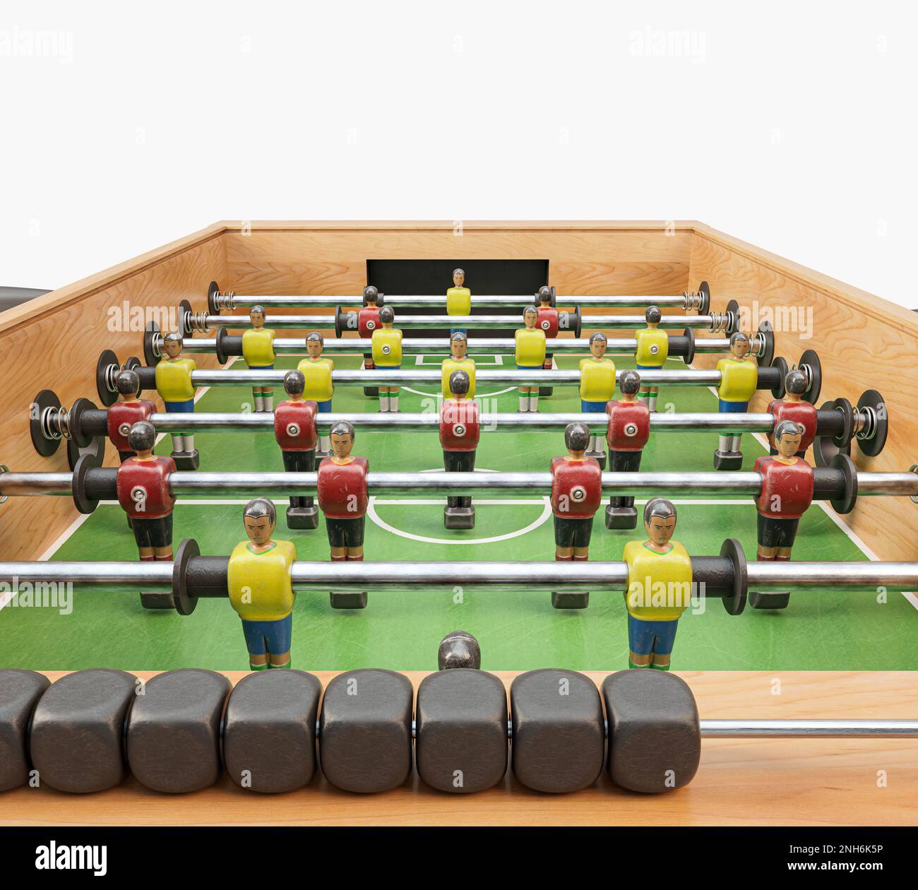 A vintage wooden foosball table with detailed metal player figurines in ...