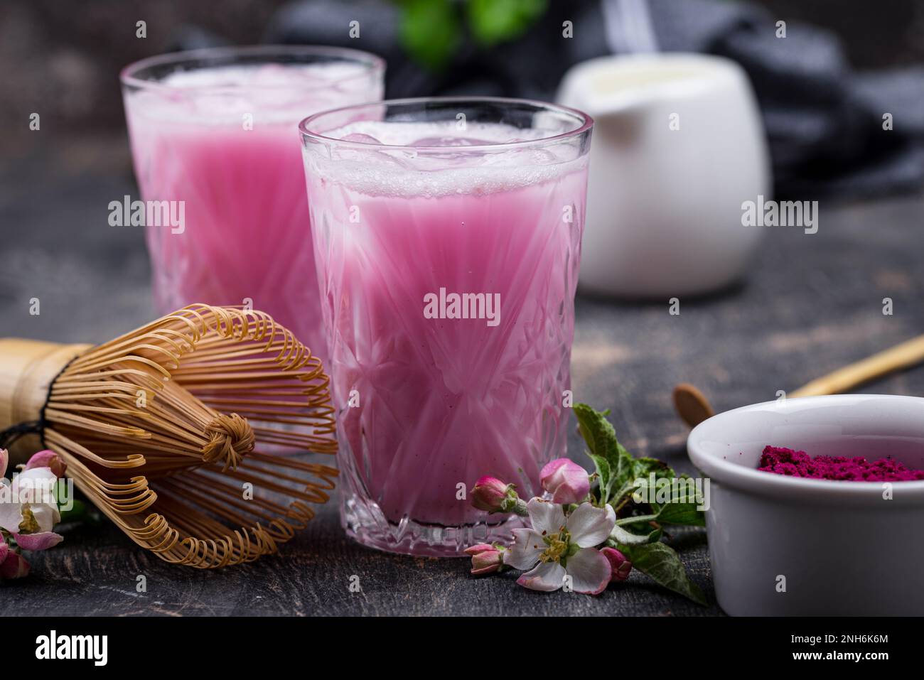 Pink matcha ice latte with milk Stock Photo - Alamy
