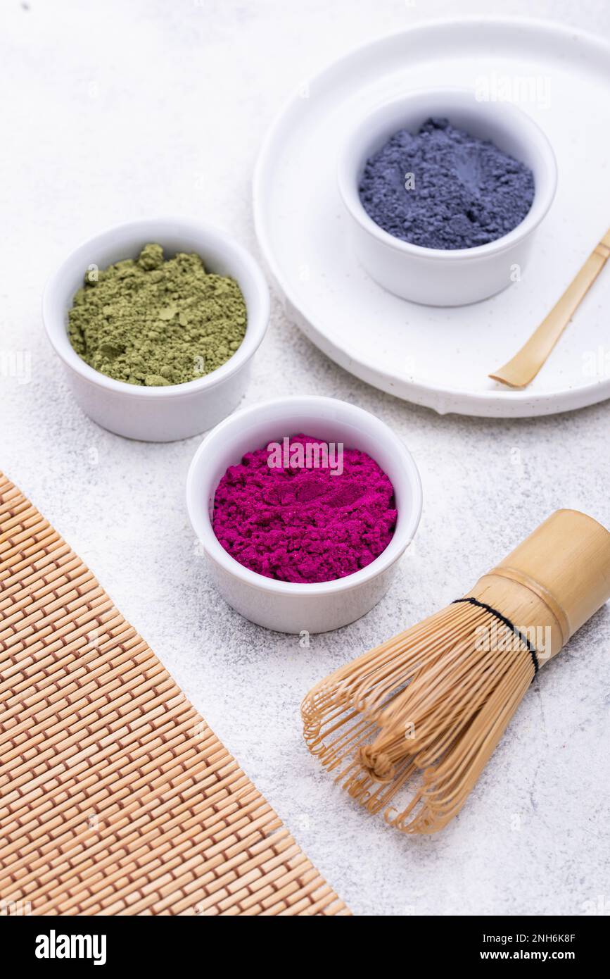 Green, blue and pink matcha powder Stock Photo - Alamy