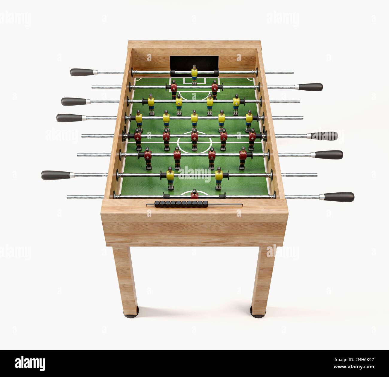 A vintage wooden foosball table with detailed metal player figurines in ...