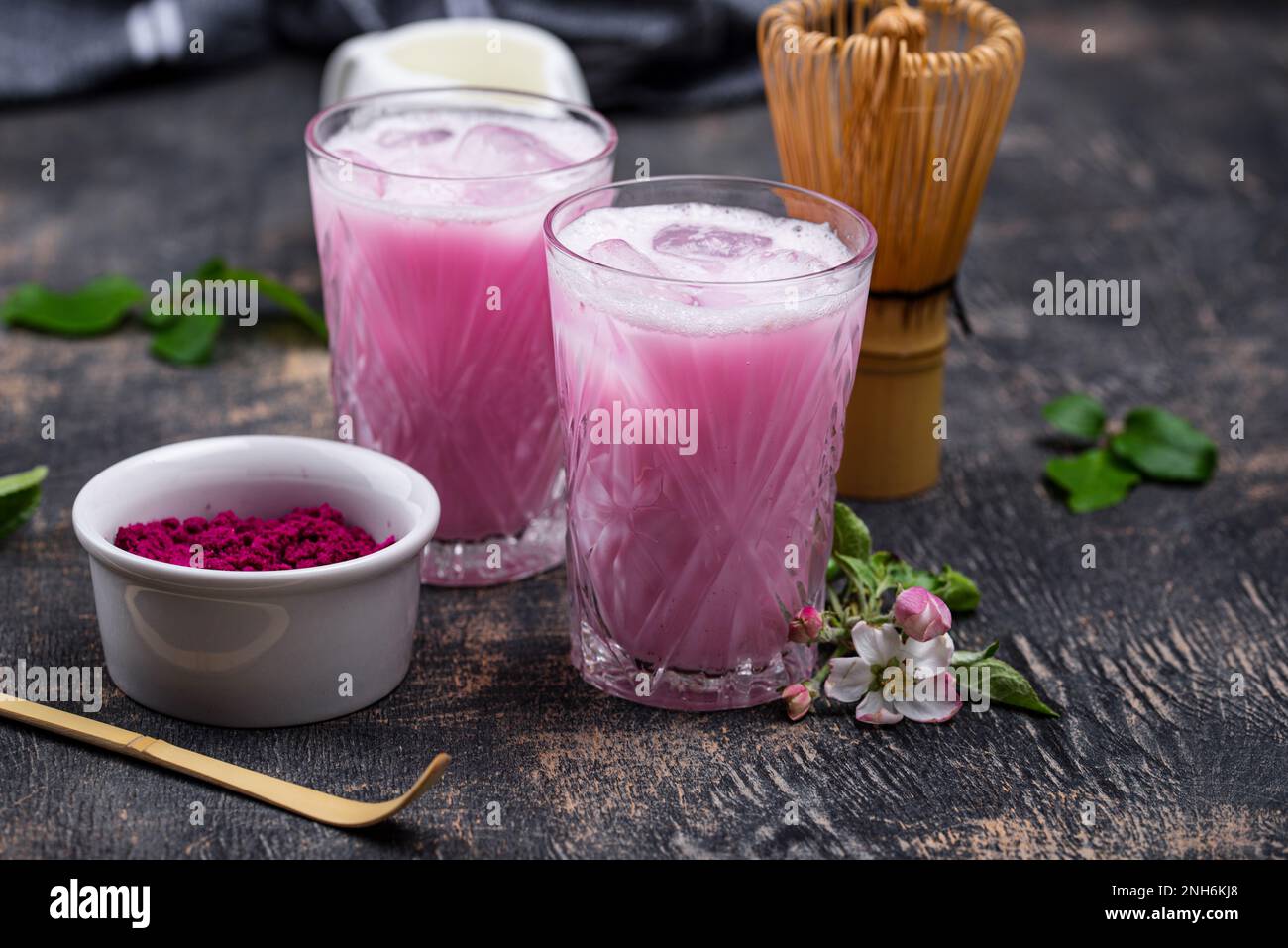 Pink matcha ice latte with milk Stock Photo - Alamy