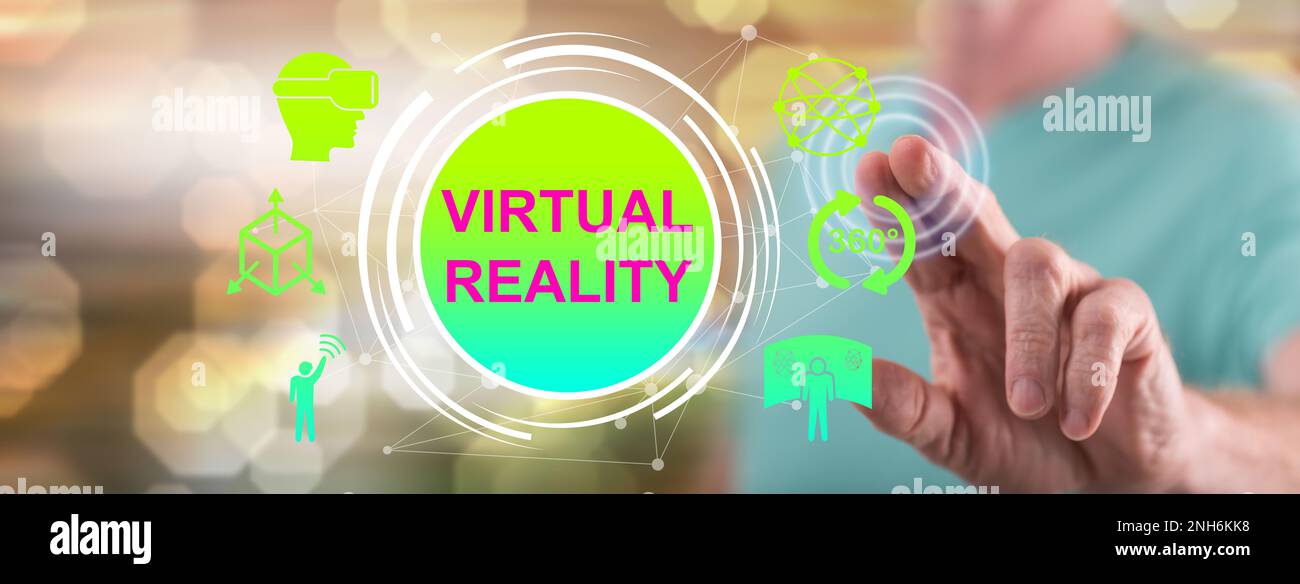 Man touching a virtual reality concept on a touch screen with his ...