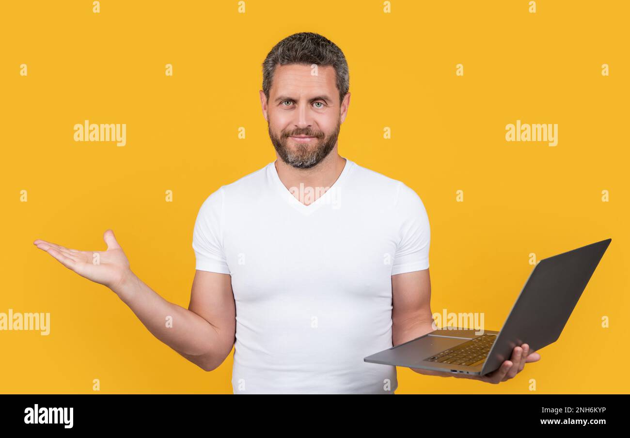 confused man programmer work on laptop. man programmer work online ...