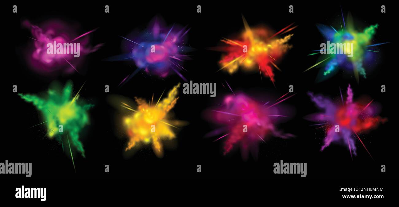 Realistic colored splashes powder icon set pink yellow green blue ...