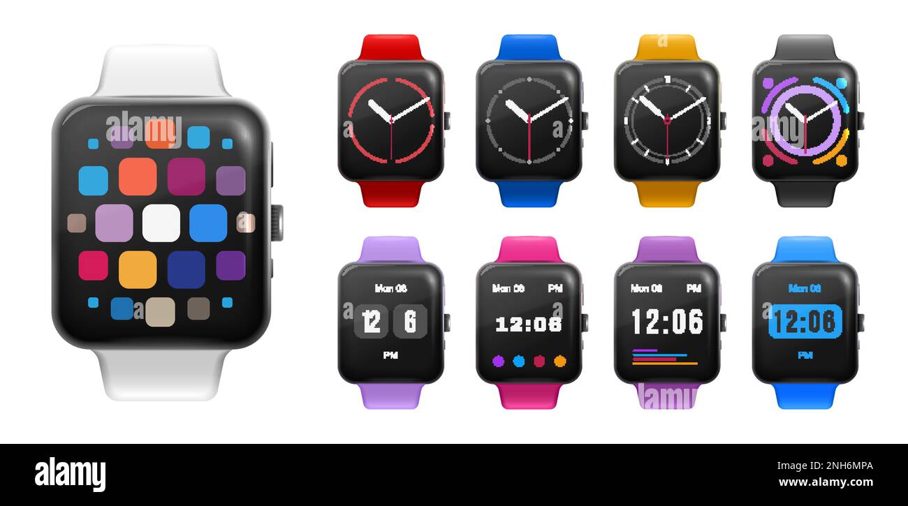 Smart watch with square screen and colorful strap realistic set ...