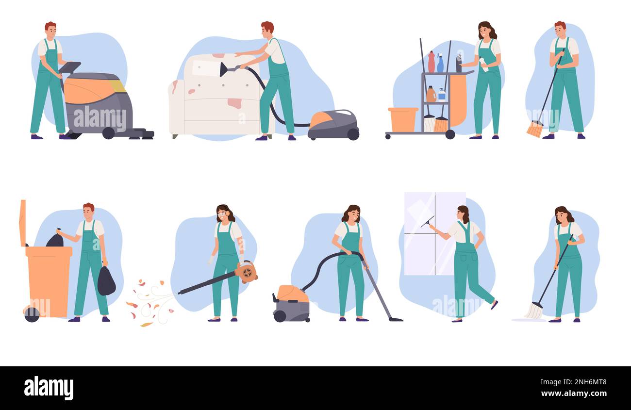 Professional cleaning service flat set with male and female workers in ...