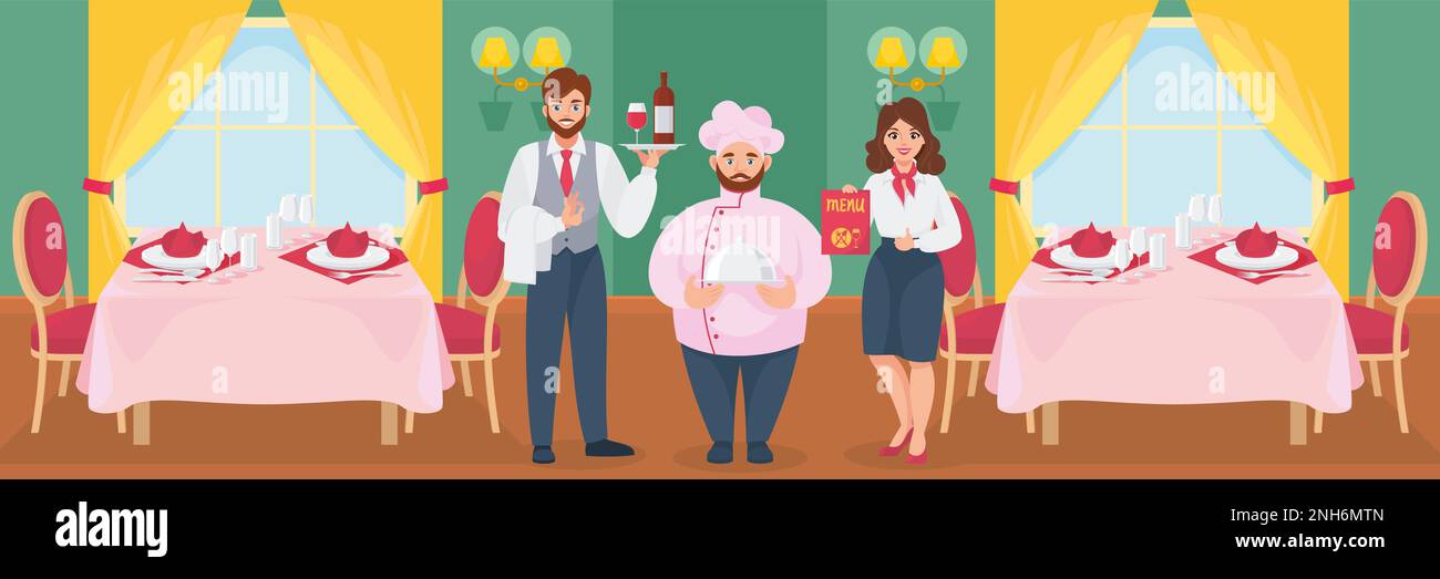 Hotel staff flat composition with horizontal view of hotel lobby with ...