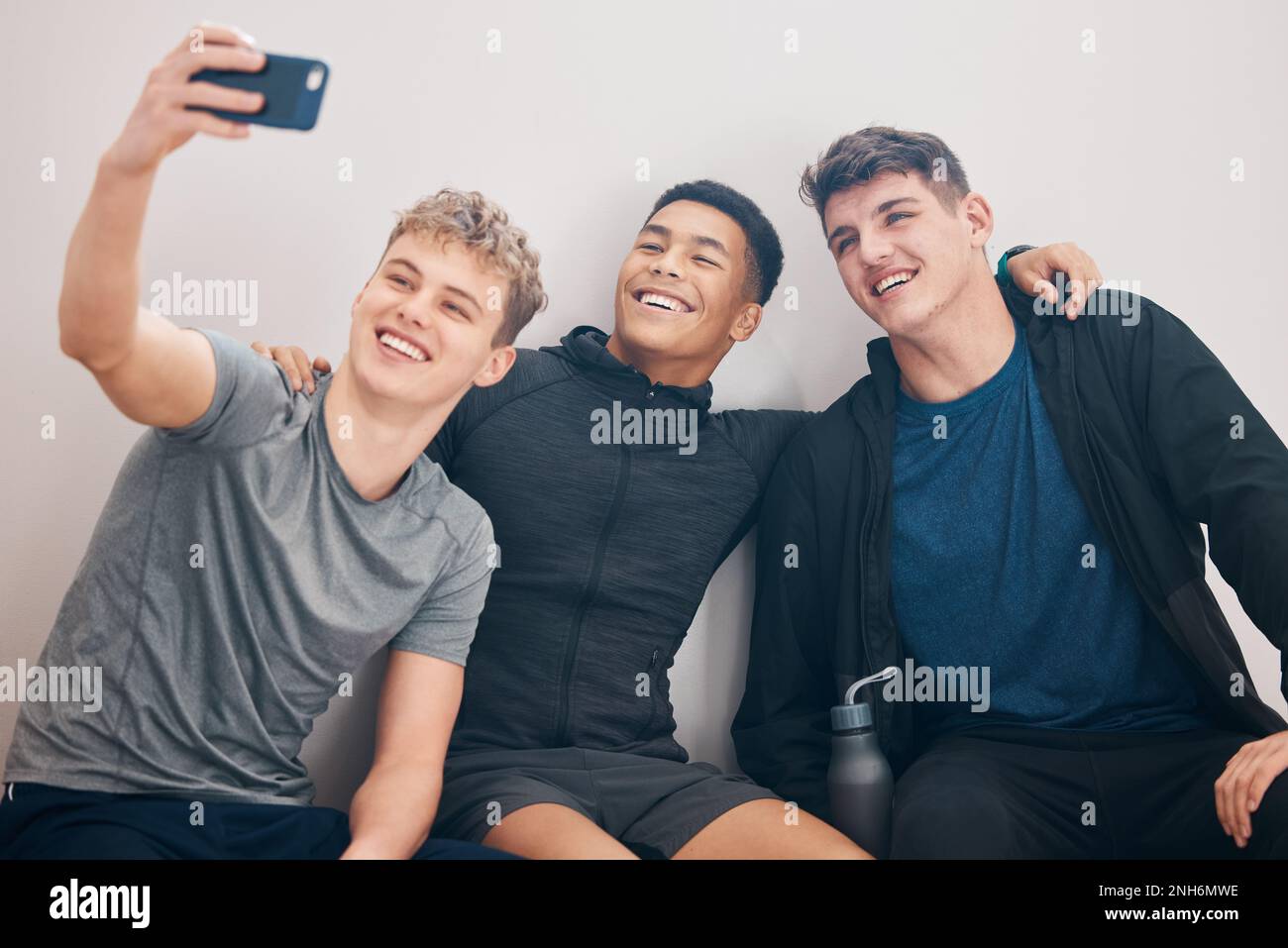 Fitness, men and group selfie of friends for social media, workout and ...
