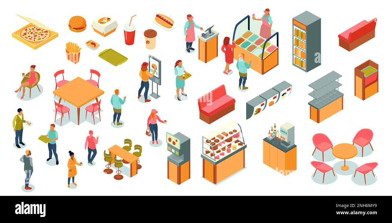 Food court isometric set with pizza and burgers isolated vector ...