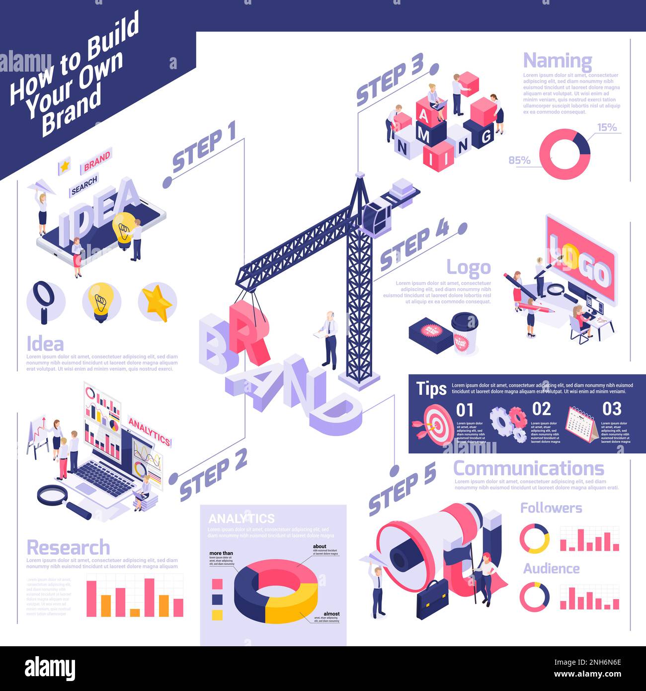 Brand infographics with isometric human characters of coworkers with ...