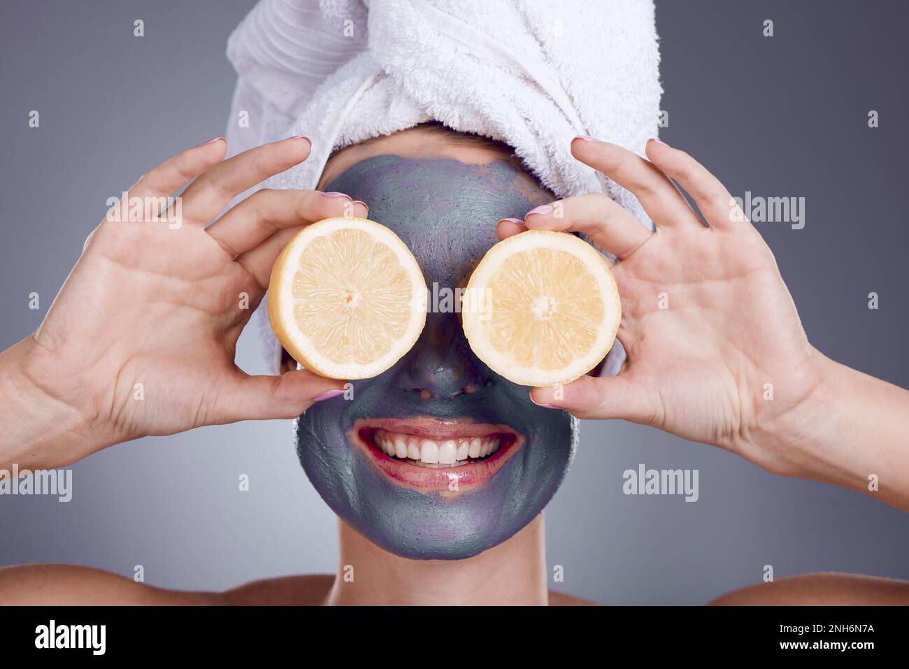 Lemon, skincare mask and woman with healthy face, beauty makeup and ...