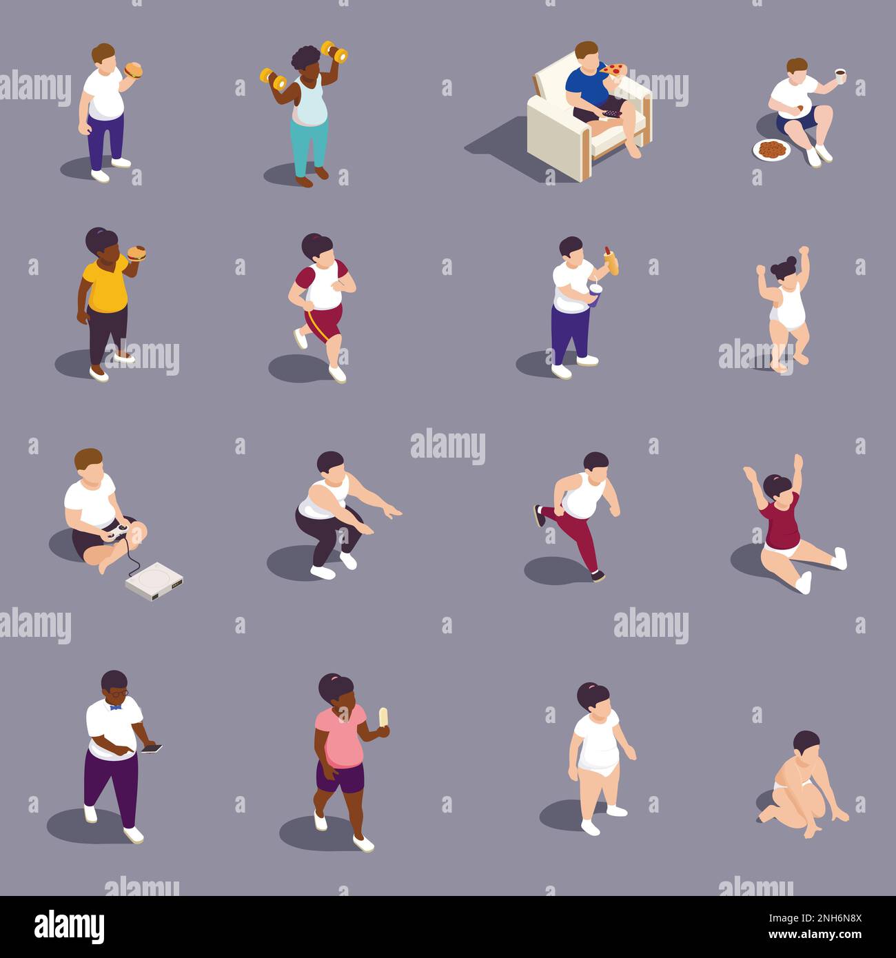 Childhood obesity icons set with healthcare symbols isometric isolated ...