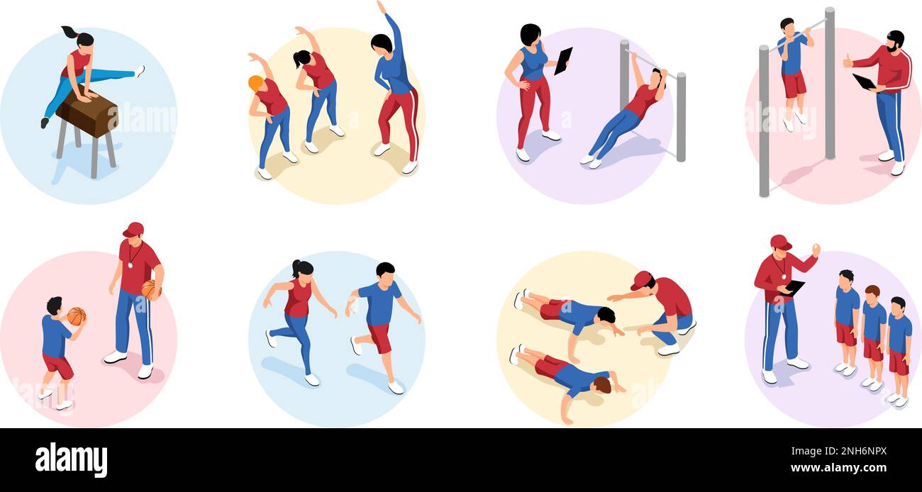 Physical education lesson compositions set with students doing various ...