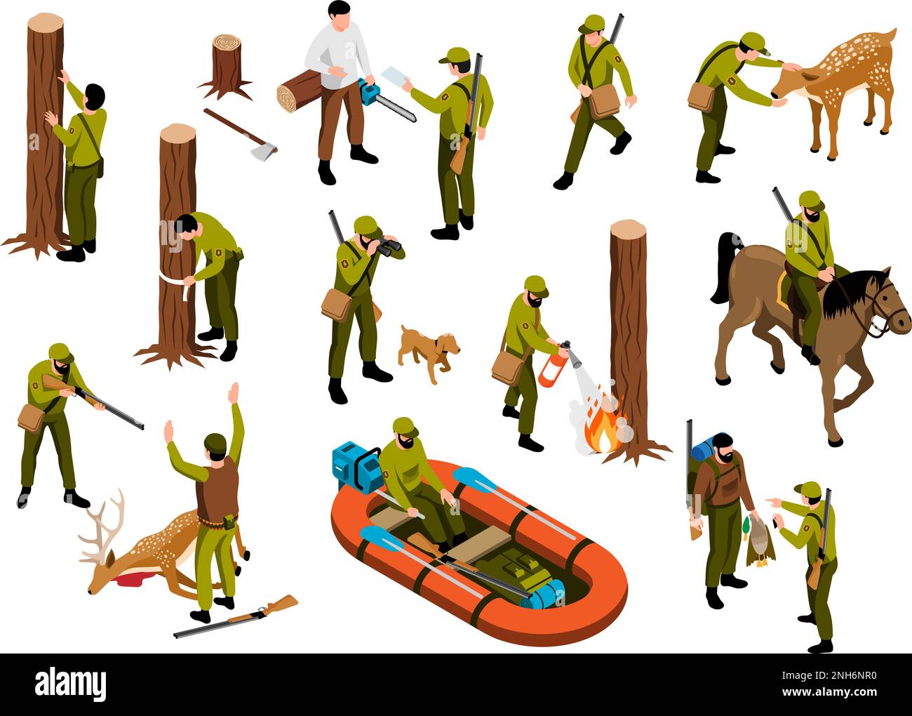 Isometric forester iconse set with fire security and poacher arresting ...