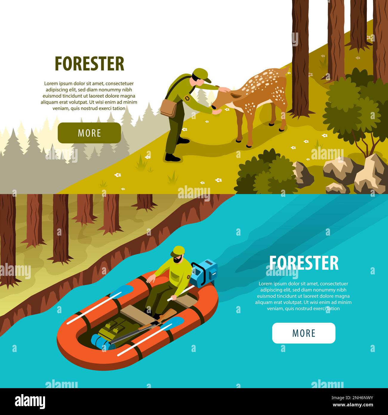 Isometric forester banner set with ranger in forest and river isolated ...