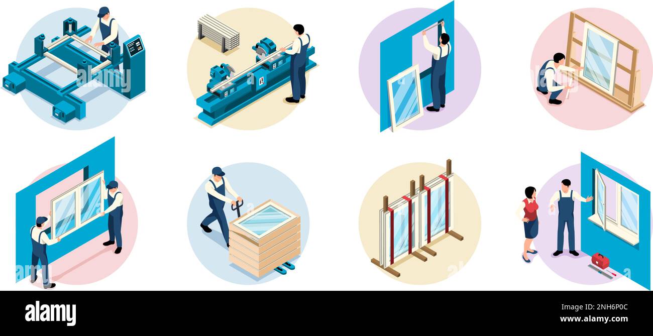 Plastic windows production and installation isometric compositions set with workers and factory ...