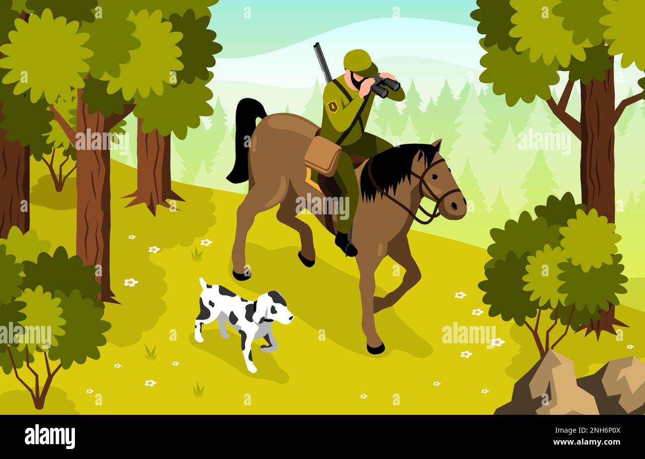 Isometric forester horizontal concept with horse ranger in the forest ...