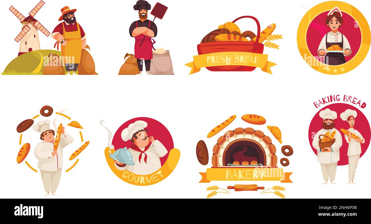 Baker flat compositions with farmers growing grain and cooks baking ...