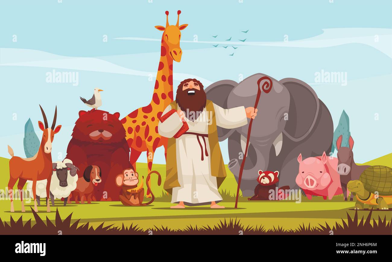 Noah surrounded by group of wild animals gathered to escape from flood flat colored background ...