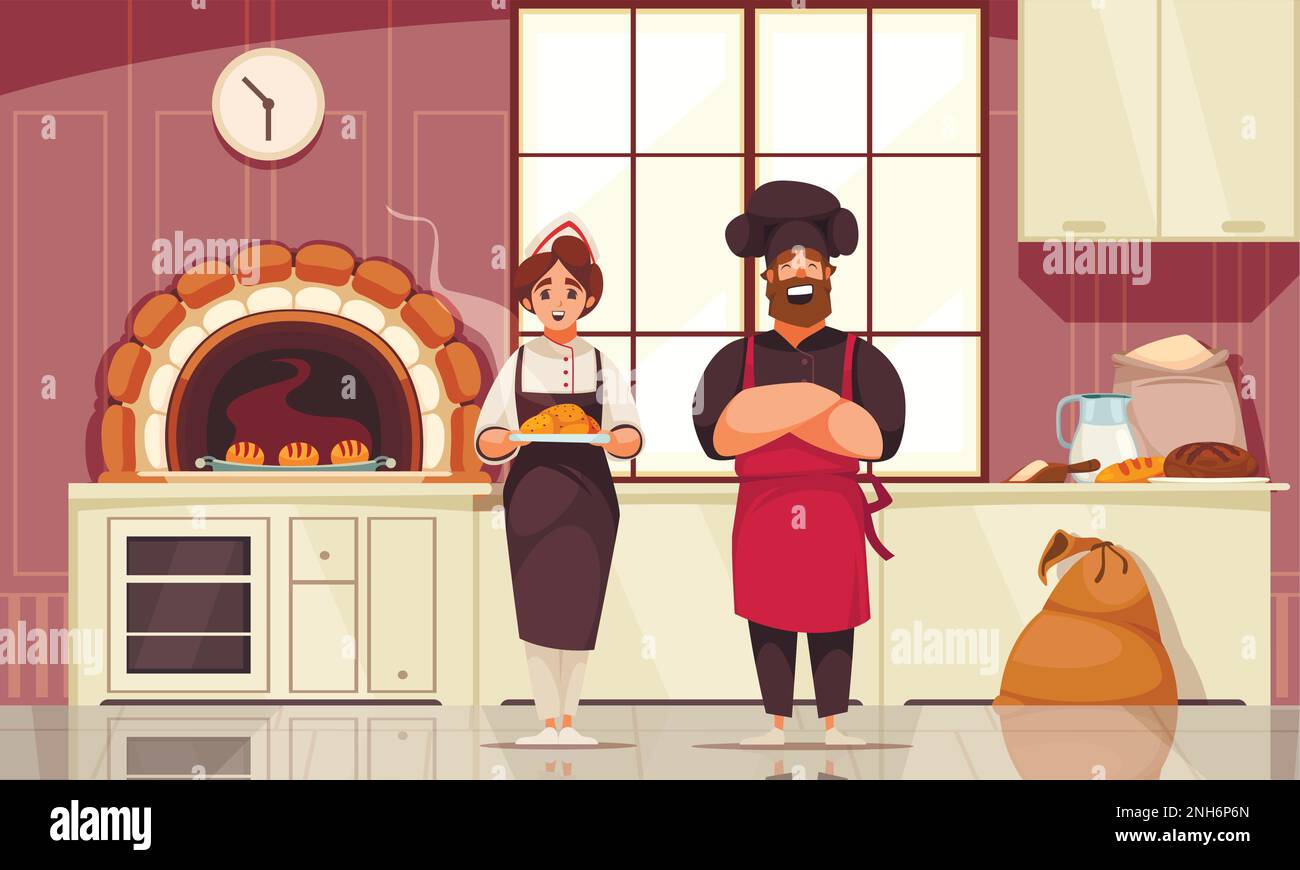 Baker horizontal background with male and female cartoon characters ...