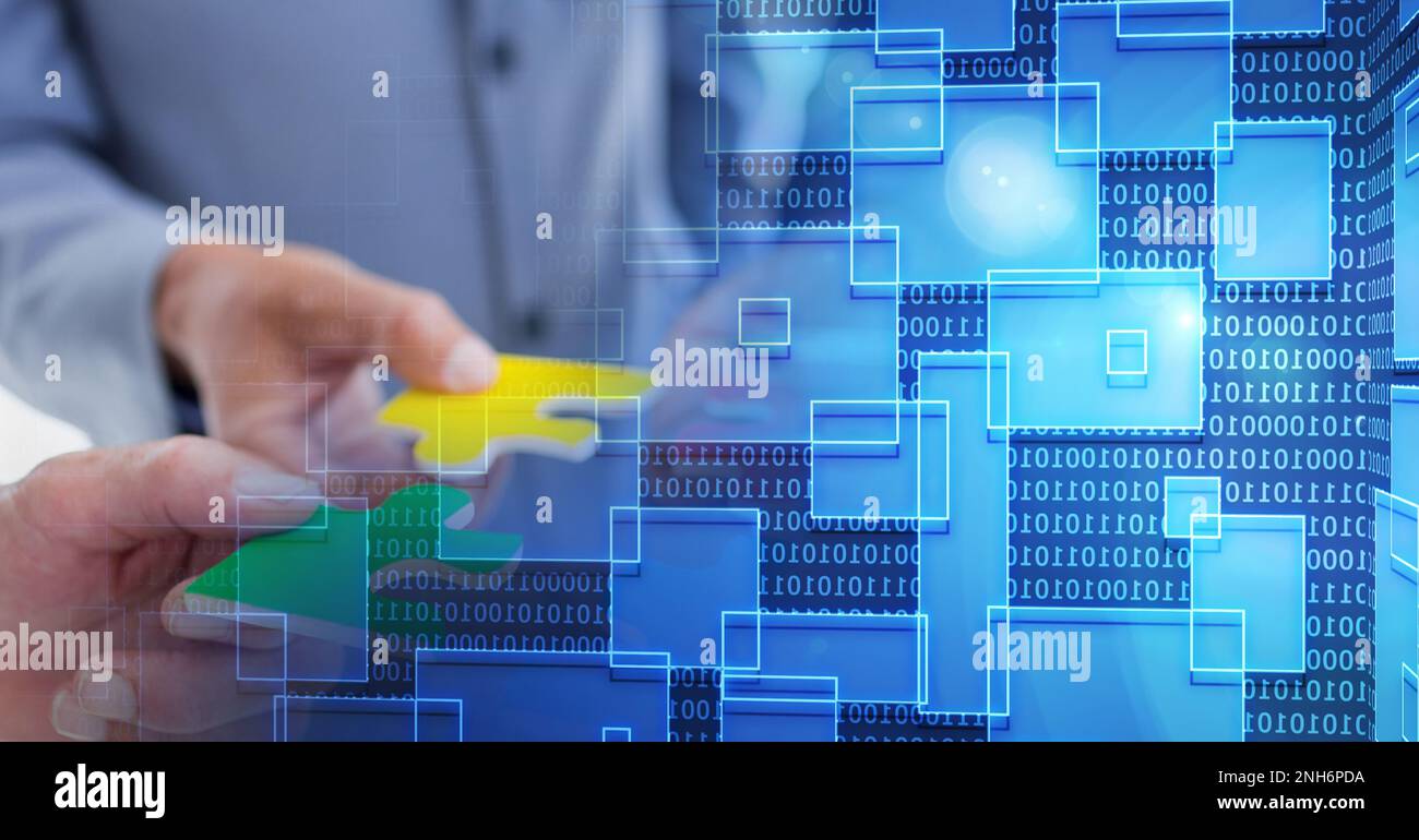 Composition of diverse business team holding puzzle pieces interface ...